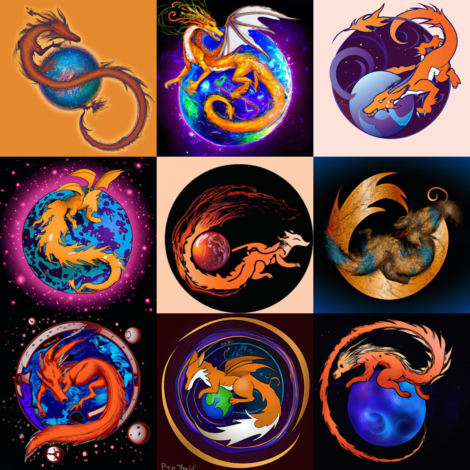 A dragon curling around a planet in space like the firefox logo ...