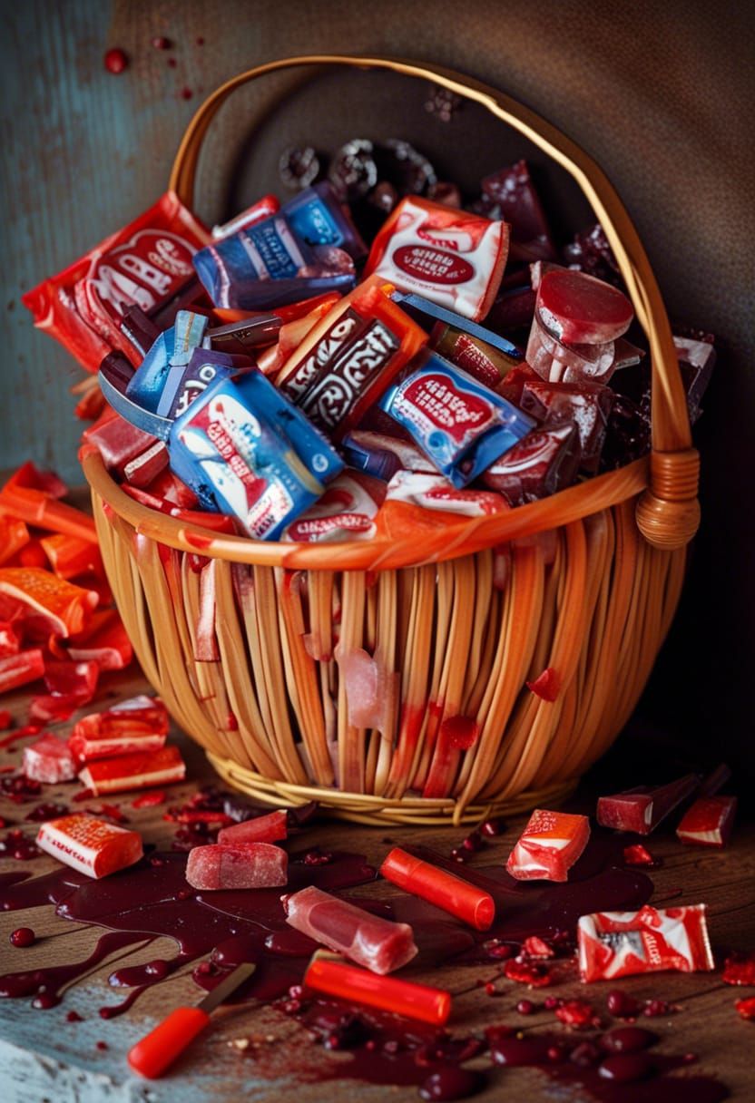 Halloween candy in basket razor blades blood gory horror ominous ...