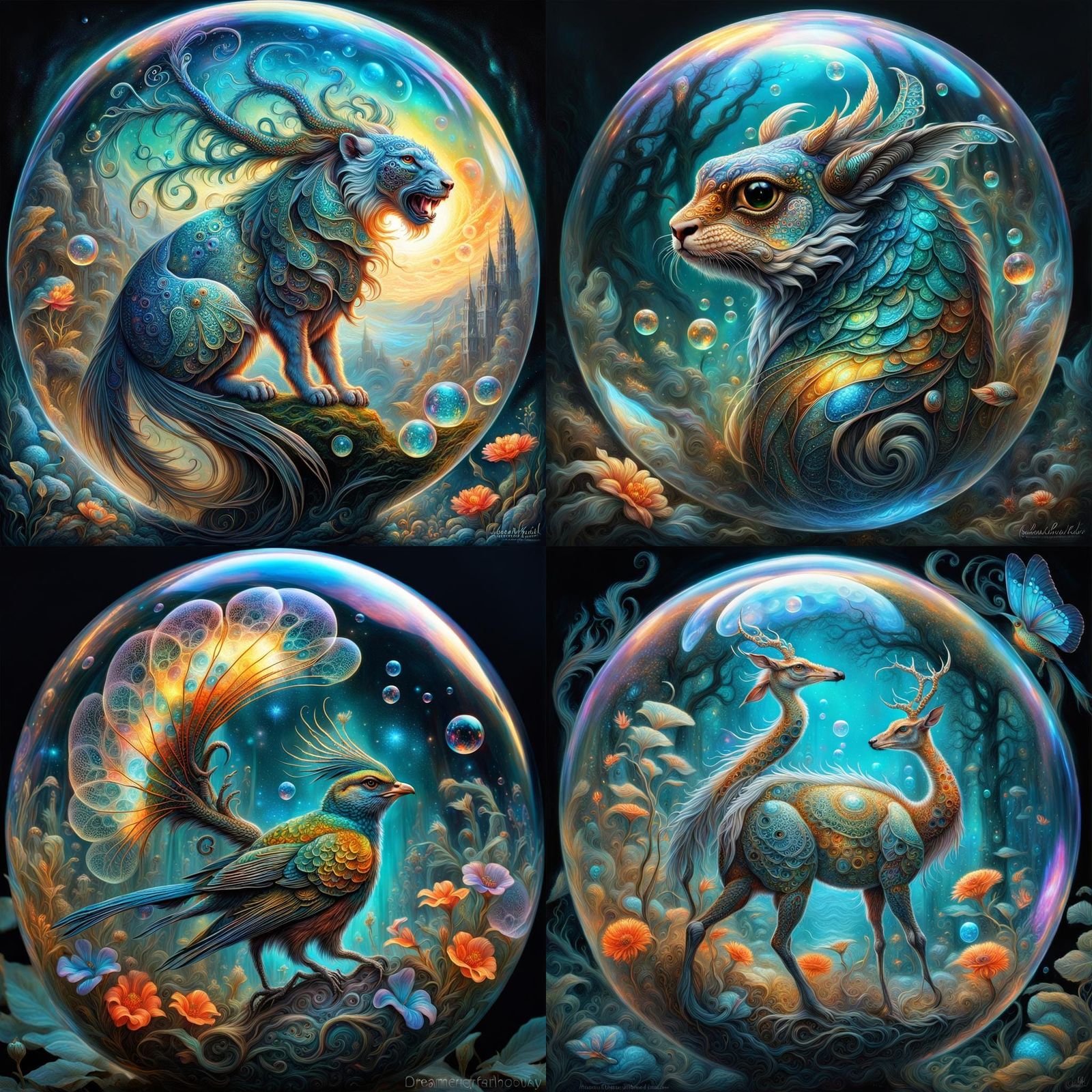 Exquisite richly detailed Utopia of fantastical creatures, in glowing ...