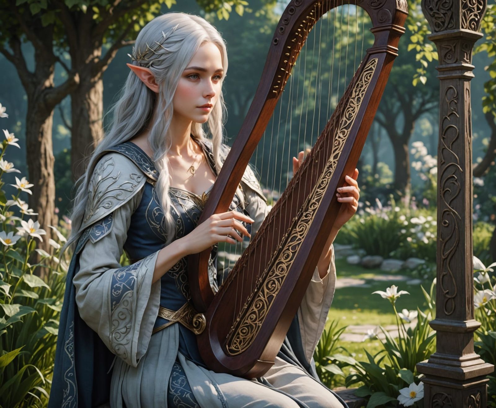 Elven maiden playing a harp in a garden