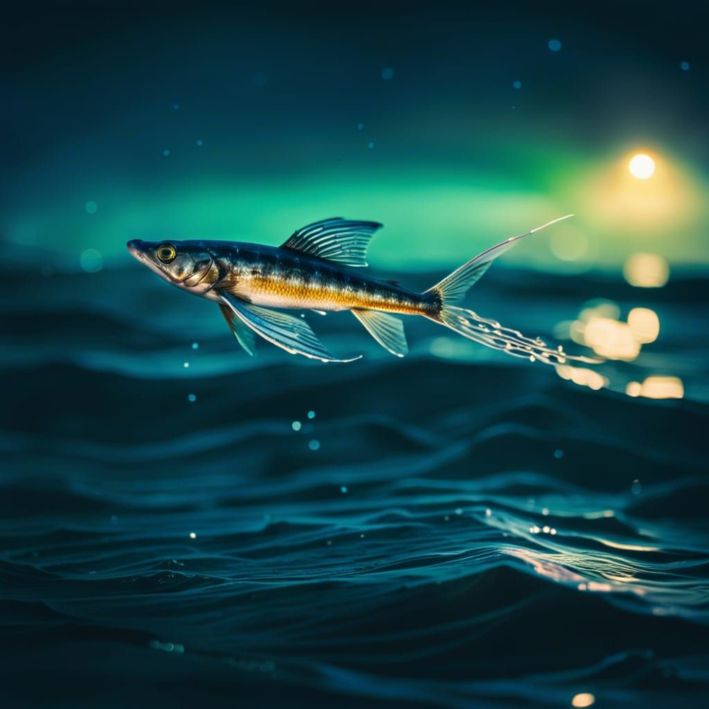 Beautiful photo close-up of a flying fish over a glistening sea at dusk ...