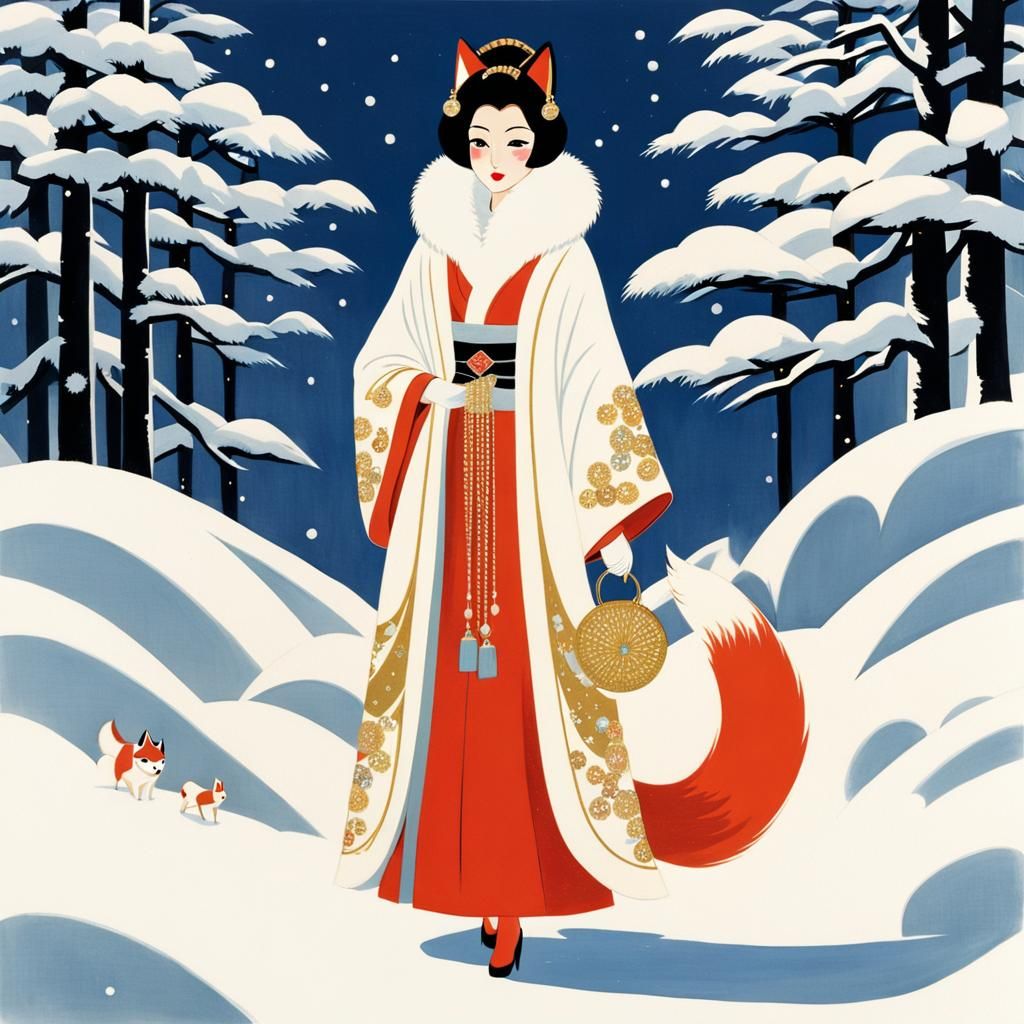 a beautiful japanese Kitsune lady walking through the snow, Winter ...