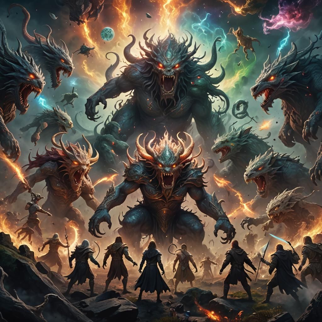 Divine Beasts Clash in a Hyper-Realistic Cosmic Wa... - AI Art