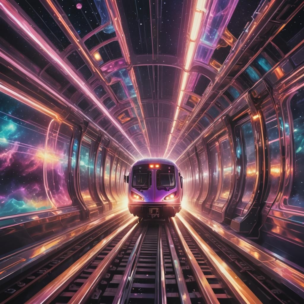 psychedelic dreamscape iridescent train traveling in space on glowing ...