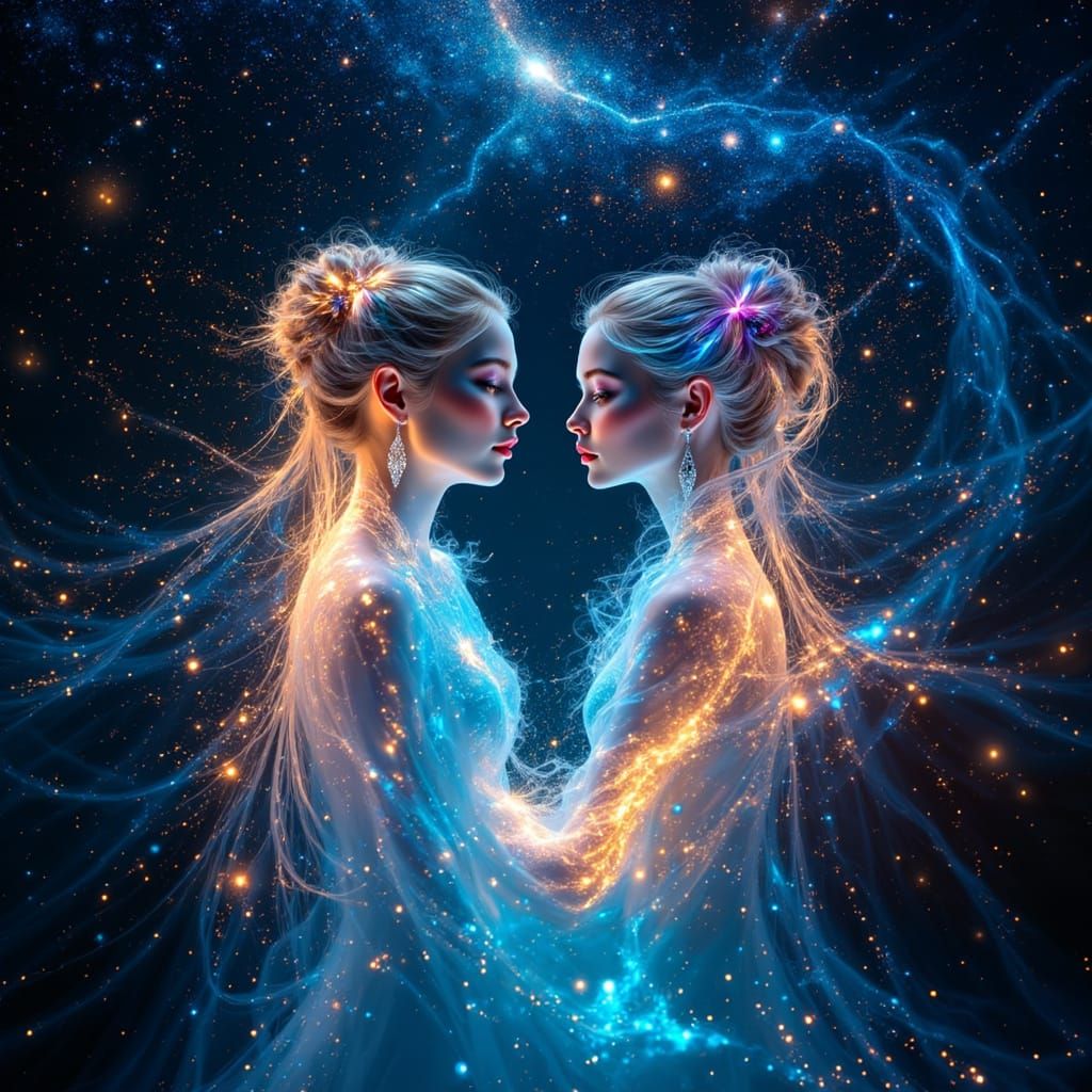Cosmic Twins - Celestial Harmony in Iridescent Robes