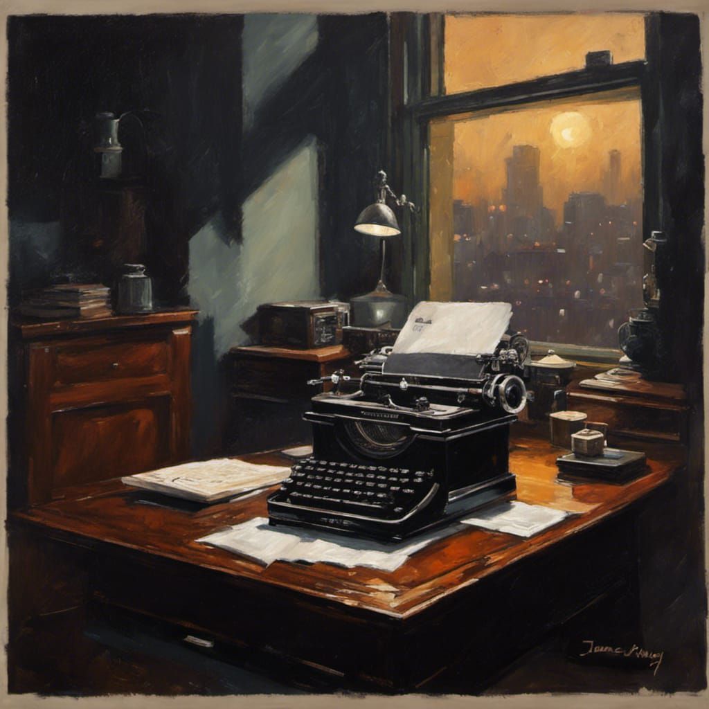 A film noir detective desk, with a 1920’s typewriter sitting on top. A ...