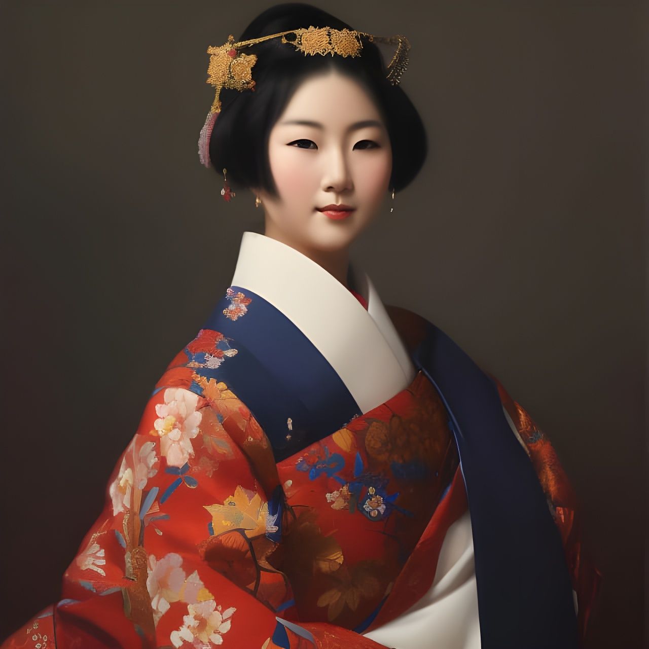 Oil painting of a Beautiful young Japanese lady wearing traditional New ...