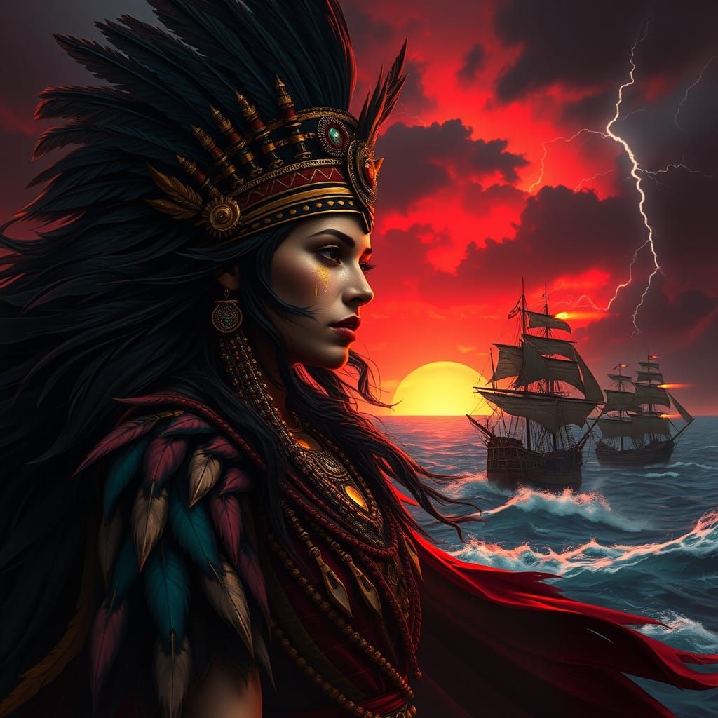 Aztec Goddess in Turbulent Stormy Sunset - AI Art