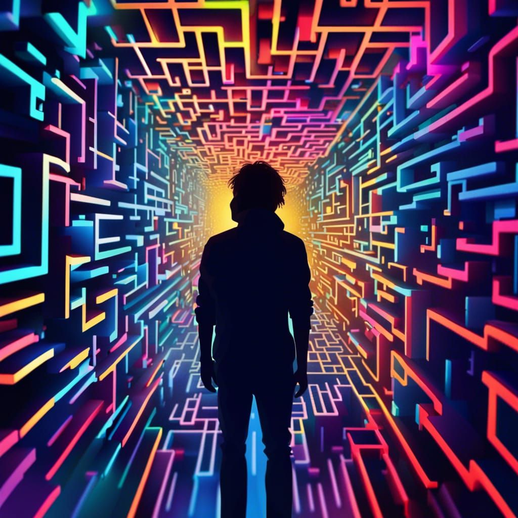Person silhouette lost in digital maze labyrinth in cyberspace ...