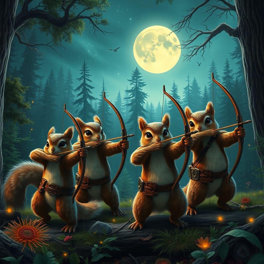 Squirrels and owls dressed like robin hood playing archery Epic cinematic brilliant stunning ...
