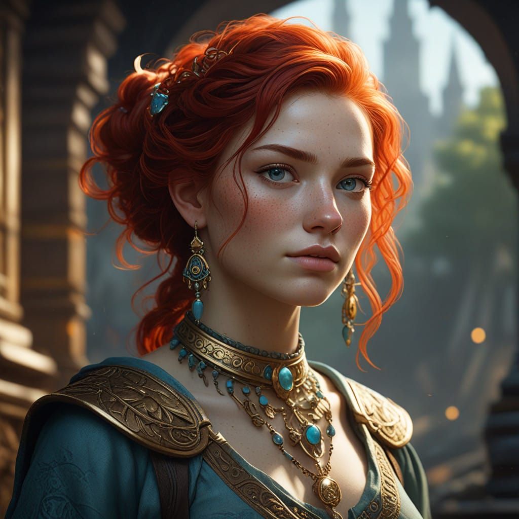 Serene Redhead Goddess in Ancient Fantasy Style - AI Art