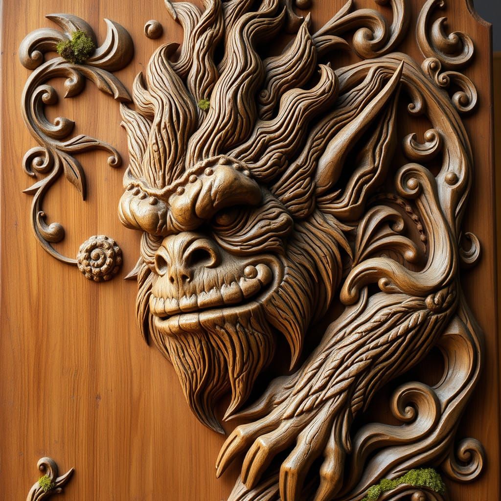 Wooden Troll Sculpture with Art Nouveau Inspiratio... - AI Art