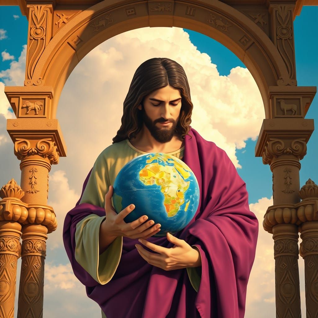 Serene Jesus Christ Contemplating the Earth Amidst... - AI Art