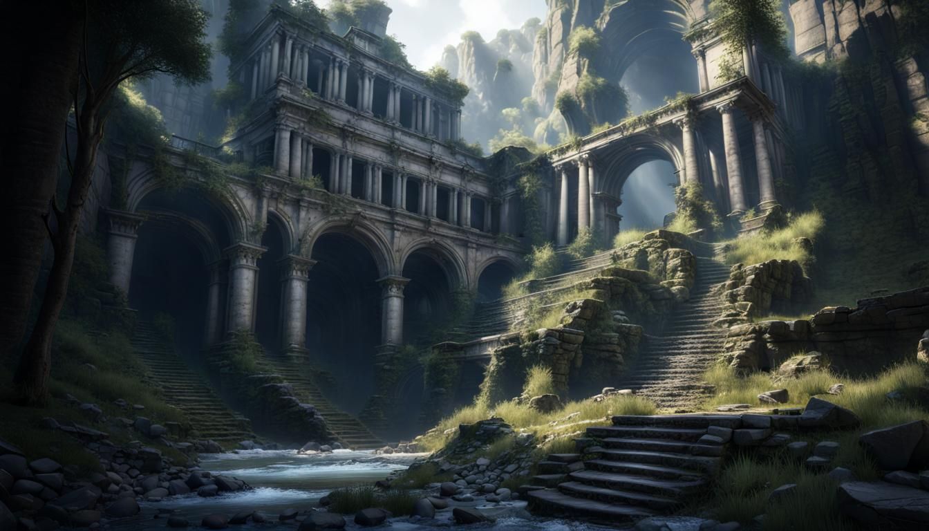 massive abandoned ruins in a valley, stream, steps, tree, photo, detail ...