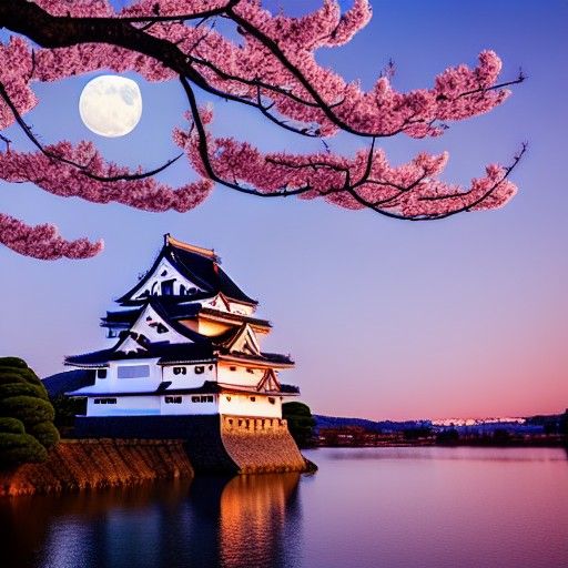 japanese castle at night by the river with the full moon and an ancient ...