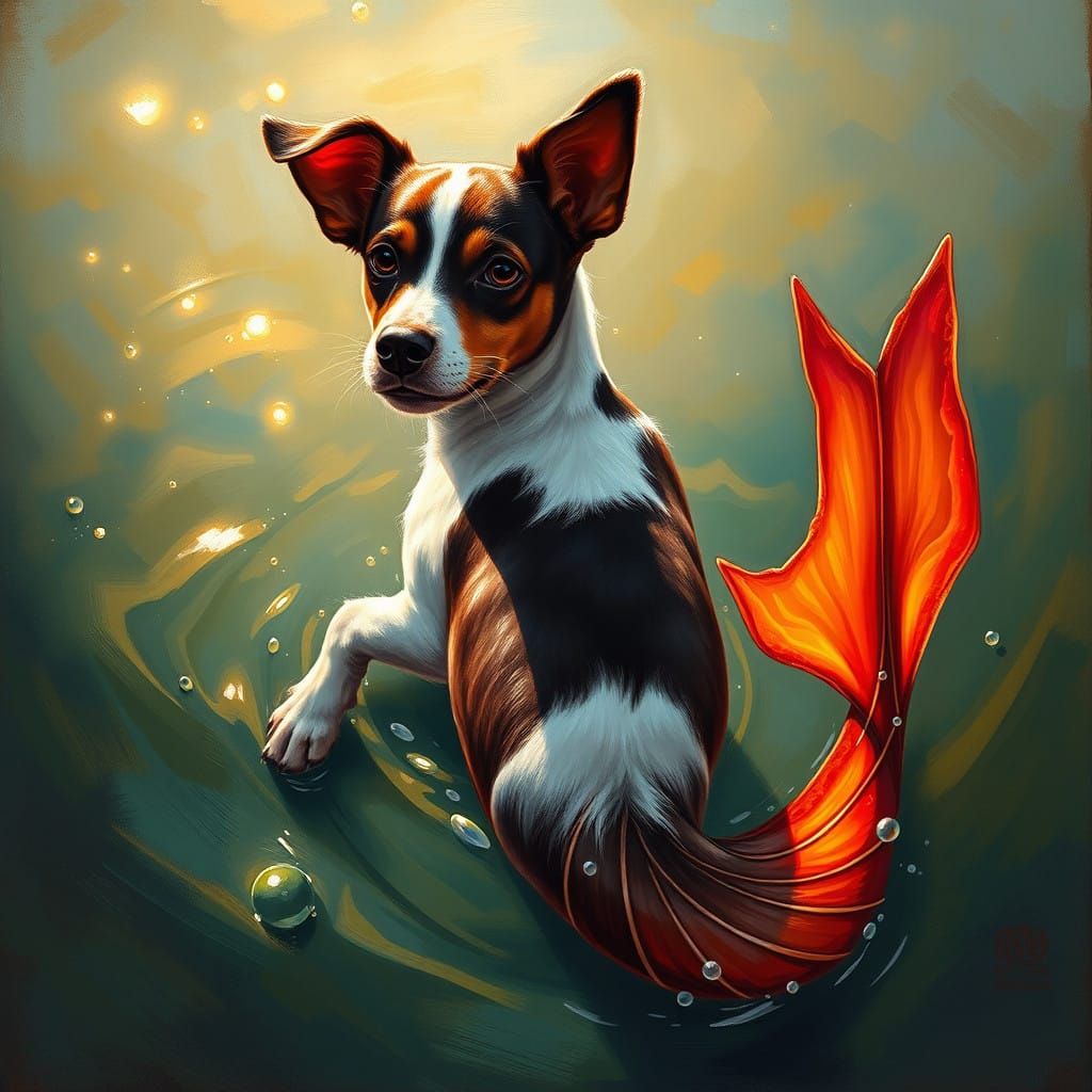 A jack russell terrier with a mer tail is pigmented in shades of dark ...