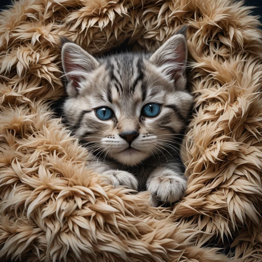 close-up portrait of beautiful kitten sleeping in tiny fur bed" - AI ...