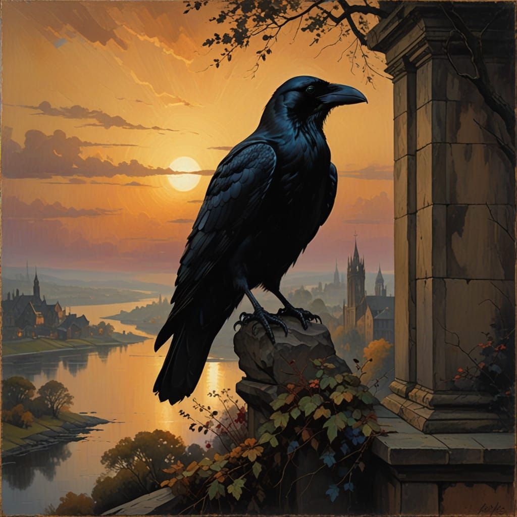 Raven 250119 - Majestic Raven Silhouetted Against a Golden S...