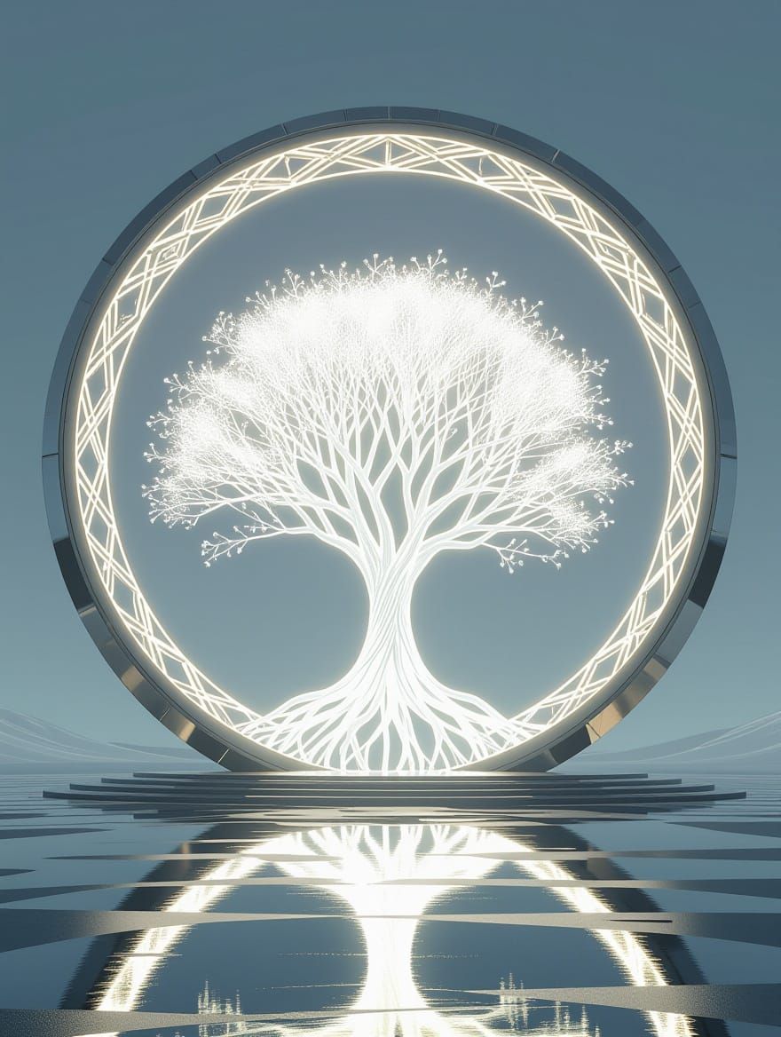 a hyper-detailed, futuristic digital artwork featuring a luminous tree of life at the center of ...