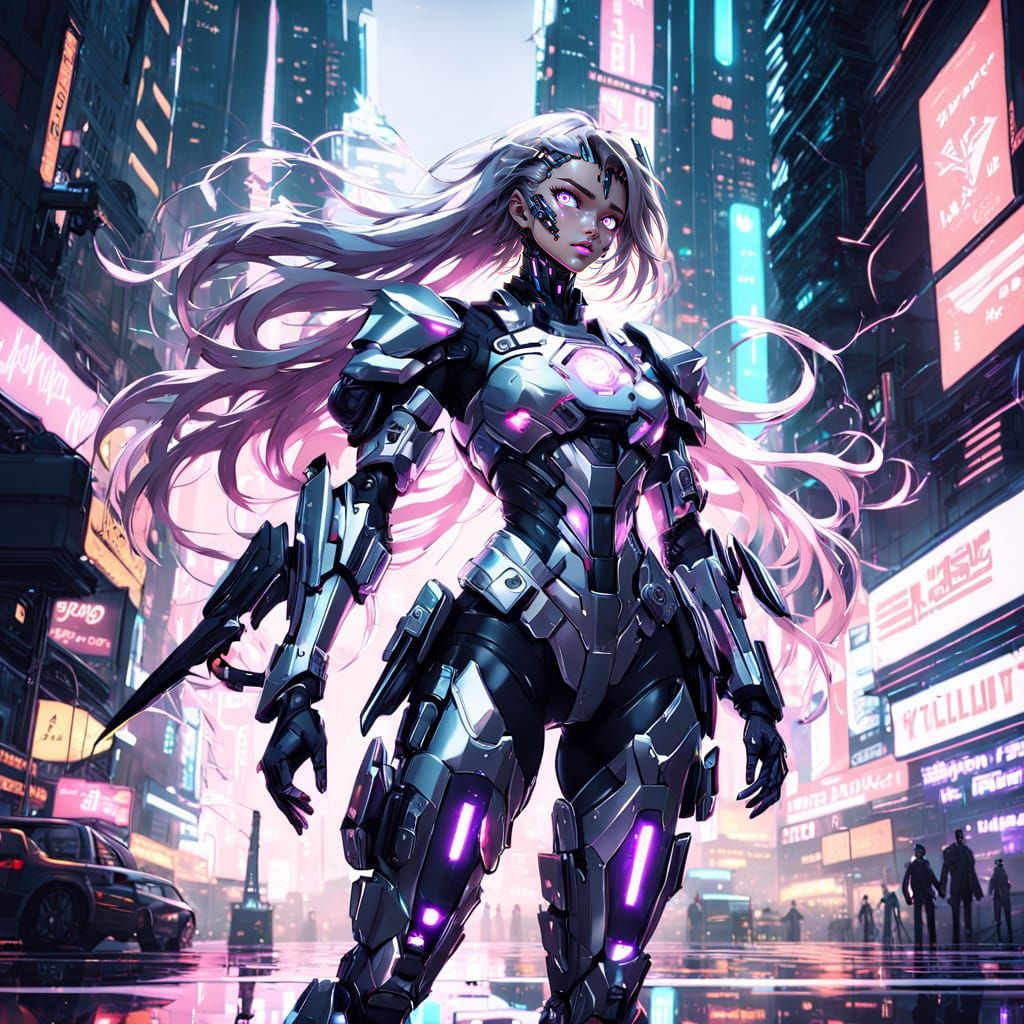 Anime Girl in Cyberpunk Mech Suit - AI Art