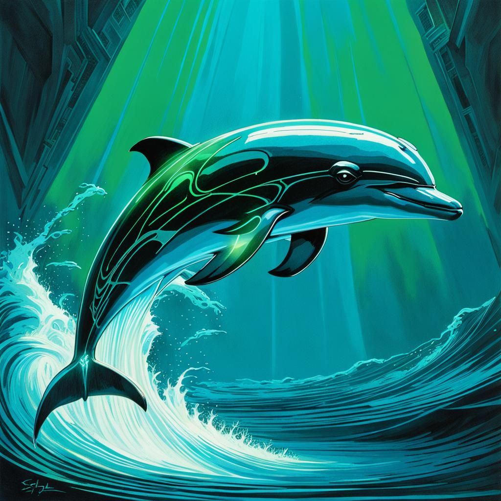 An elegant dolphin leaps from glowing bioluminescent waves, wearing a ...