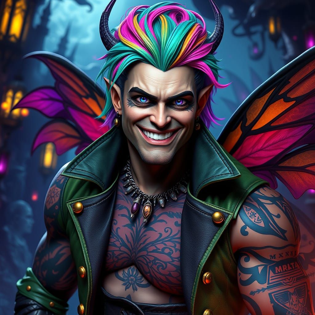 Dark Fae Punk with Rainbow Hair, Digital Art - AI Art