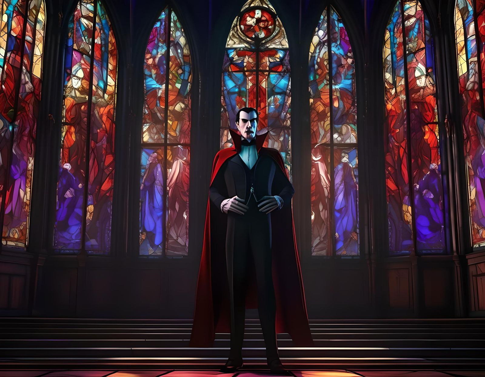 Count Dracula standing in front of stained glass windows. - AI ...