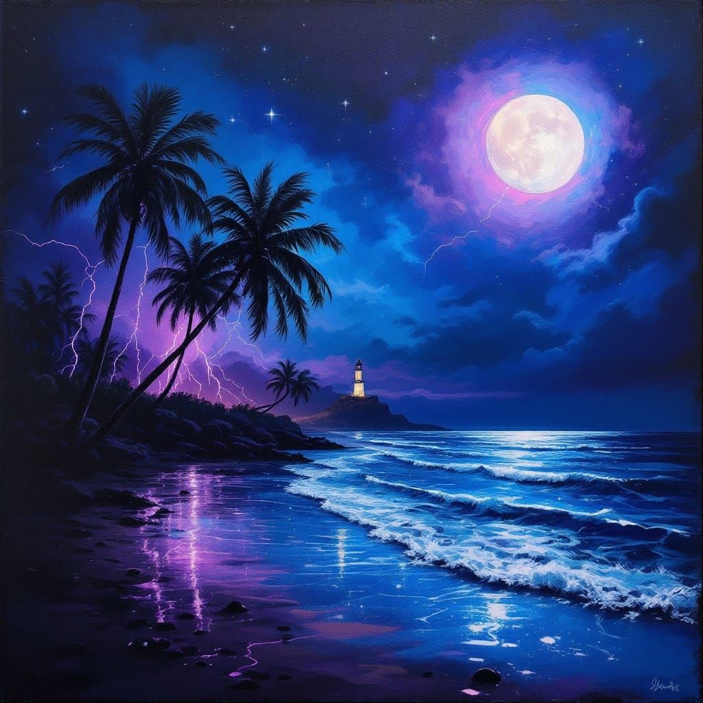(Dark Moody Oil Painting:1.5) "(blue and purple lightnings strikes the ground:1.5) Beach, moon ...