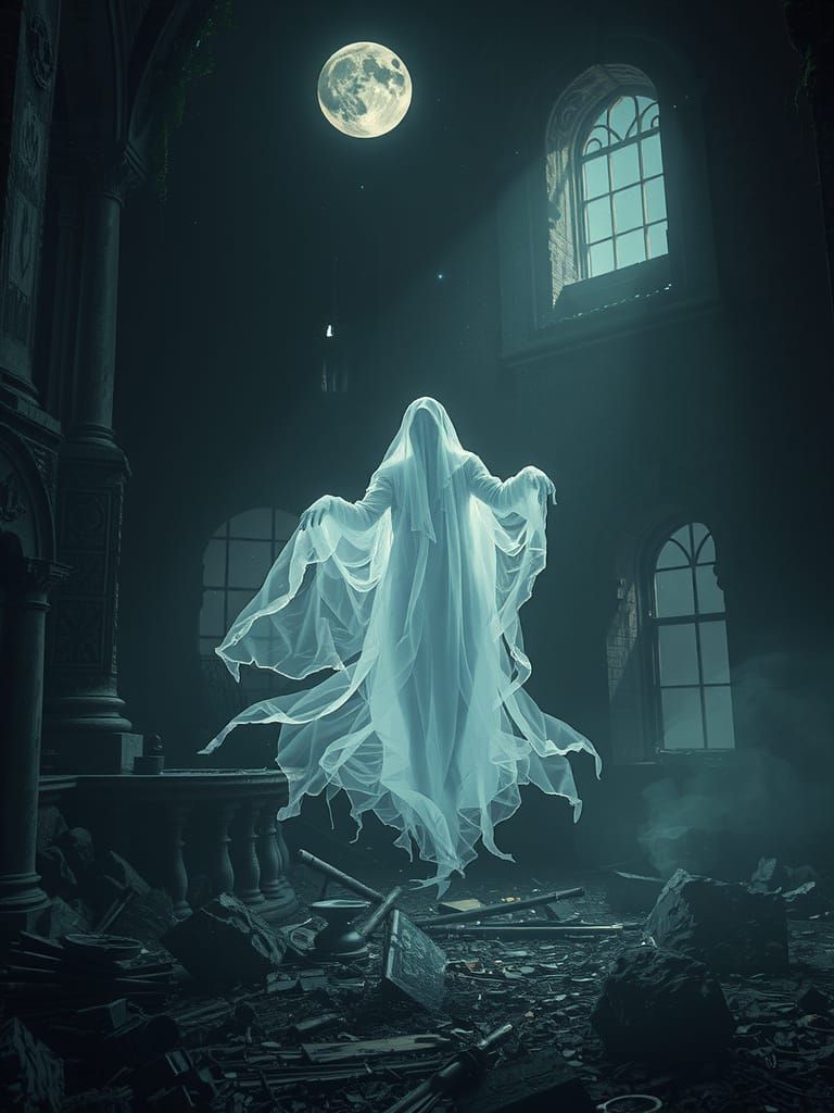 spooky ghost, floating in ancient ruins, medieval fantasy setting ...