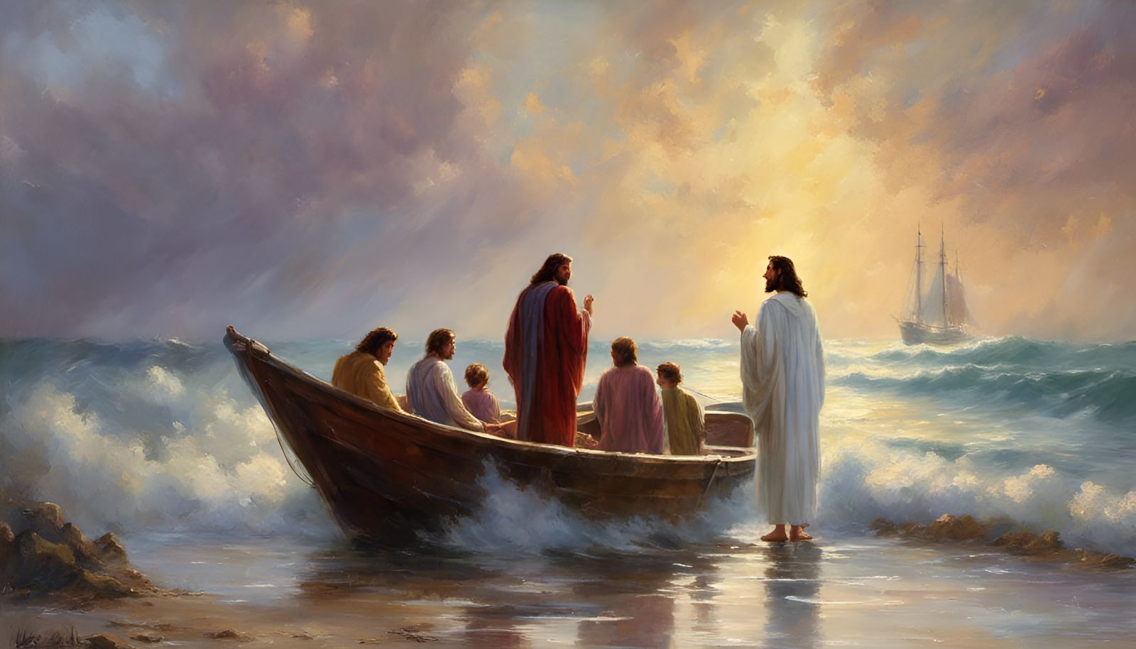 "Jesus at the sea shore teaching disciples in boat"-3891-....... God Is ...