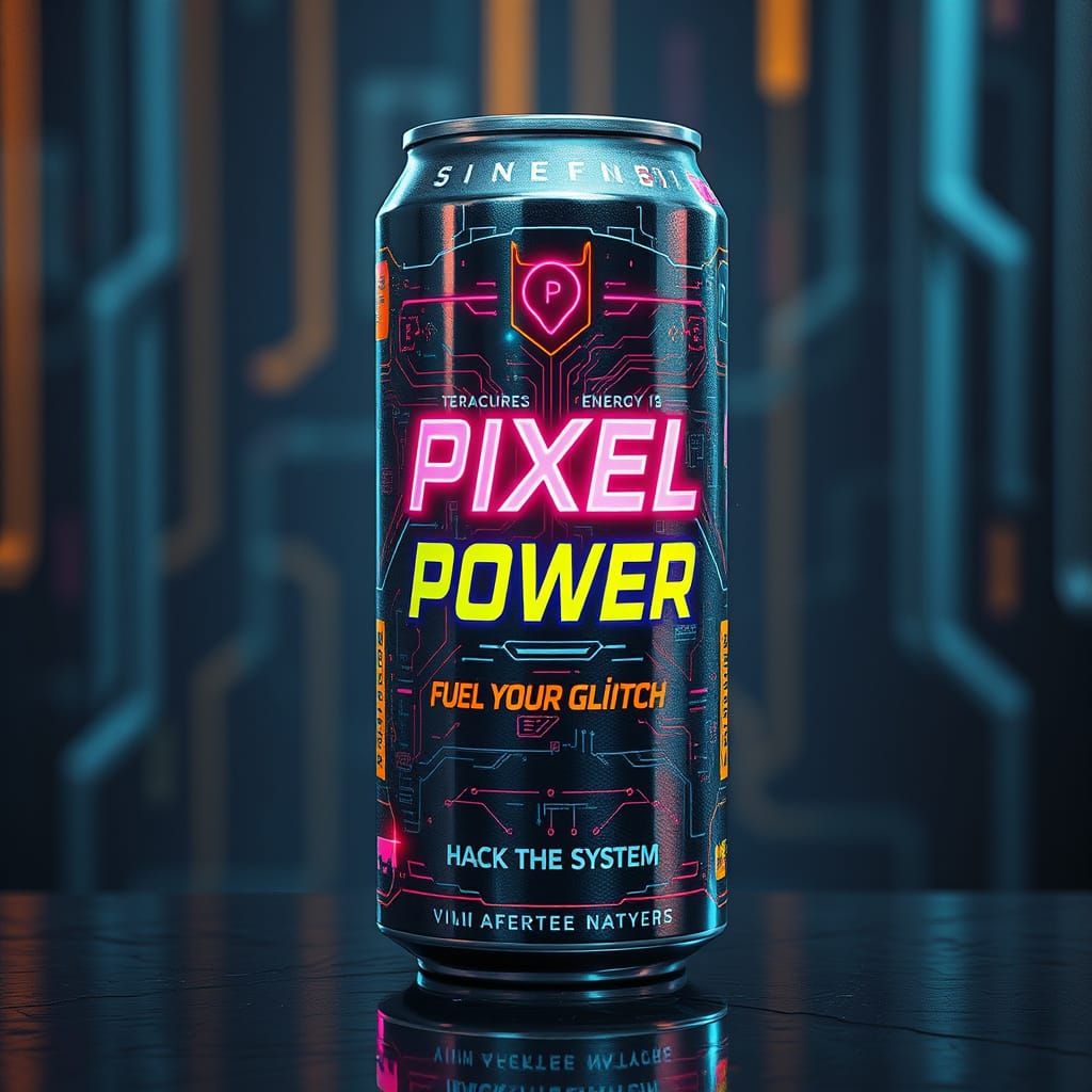 A cyberpunk-inspired energy drink labeled "Pixel Power - Fuel Your ...