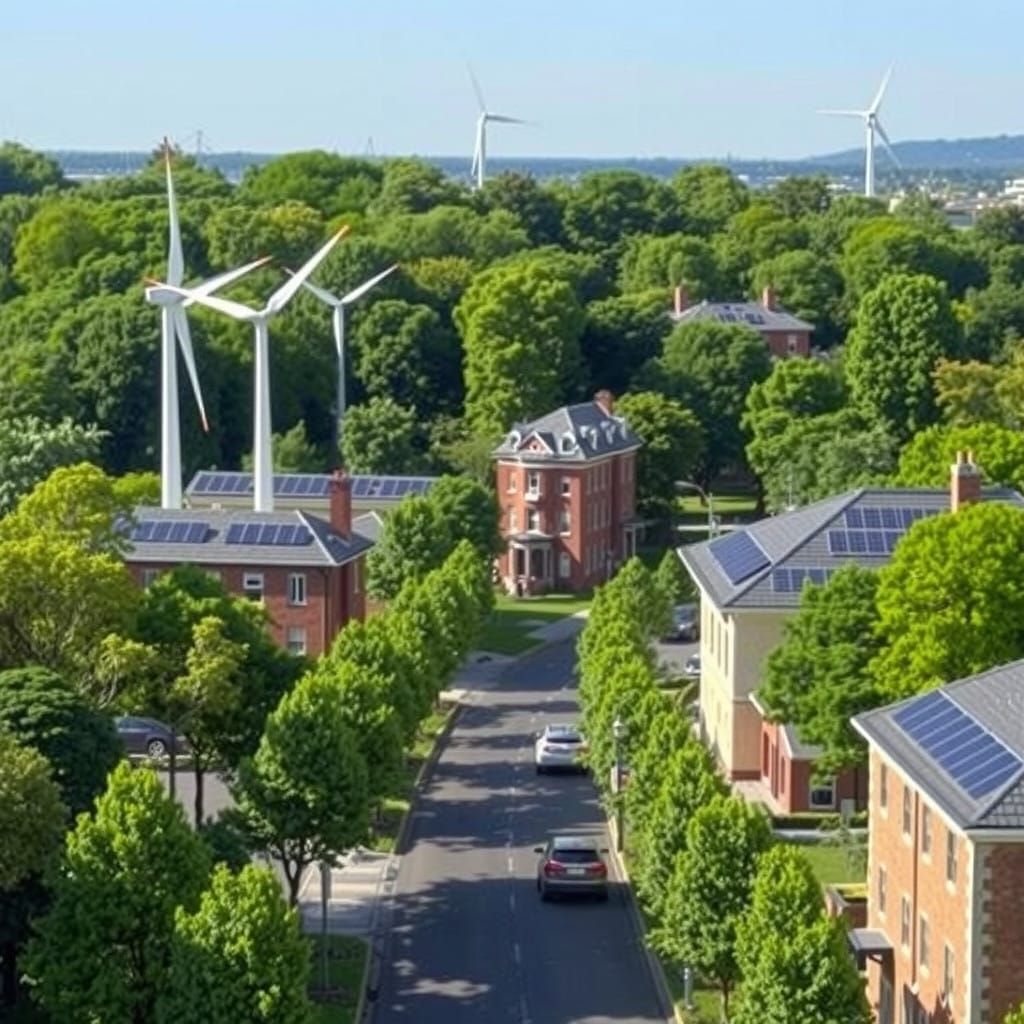 Tree-lined streets with buildings powered by wind ... - AI Art
