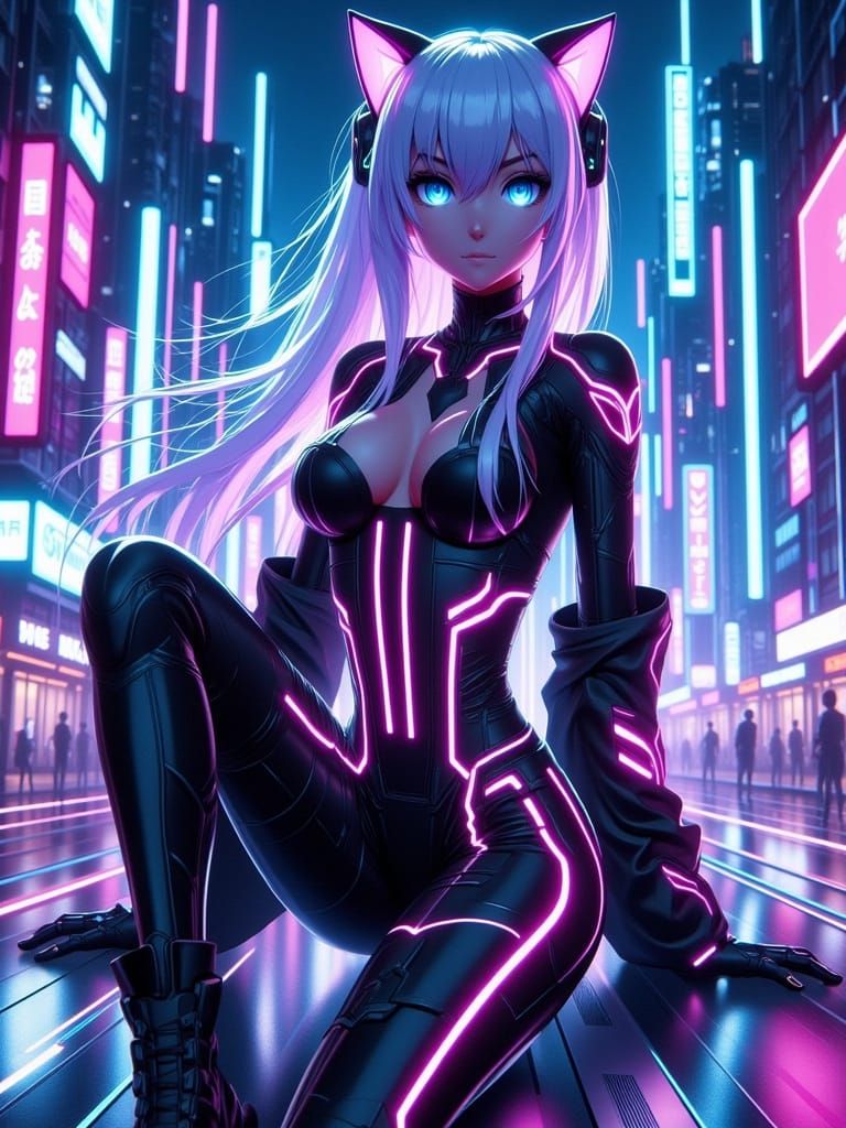 a futuristic, high-tech cat-eared woman with long white hair and blue eyes in a black and ...