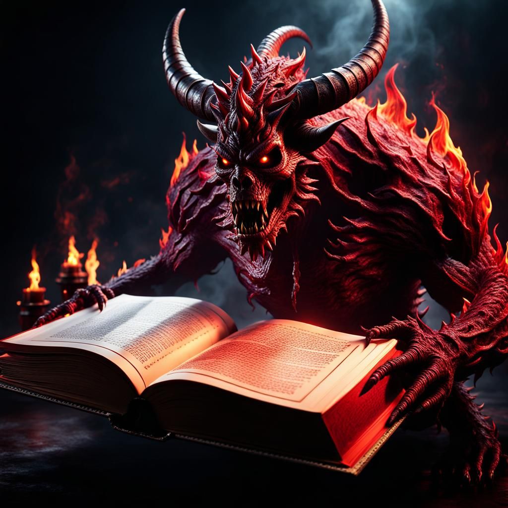 a satanic book of monsters covered in bloodred haze and a rising ...
