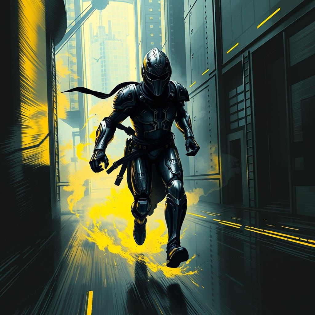 Cybernetic Ninja in Futuristic Coruscant Cityscape... - AI Art