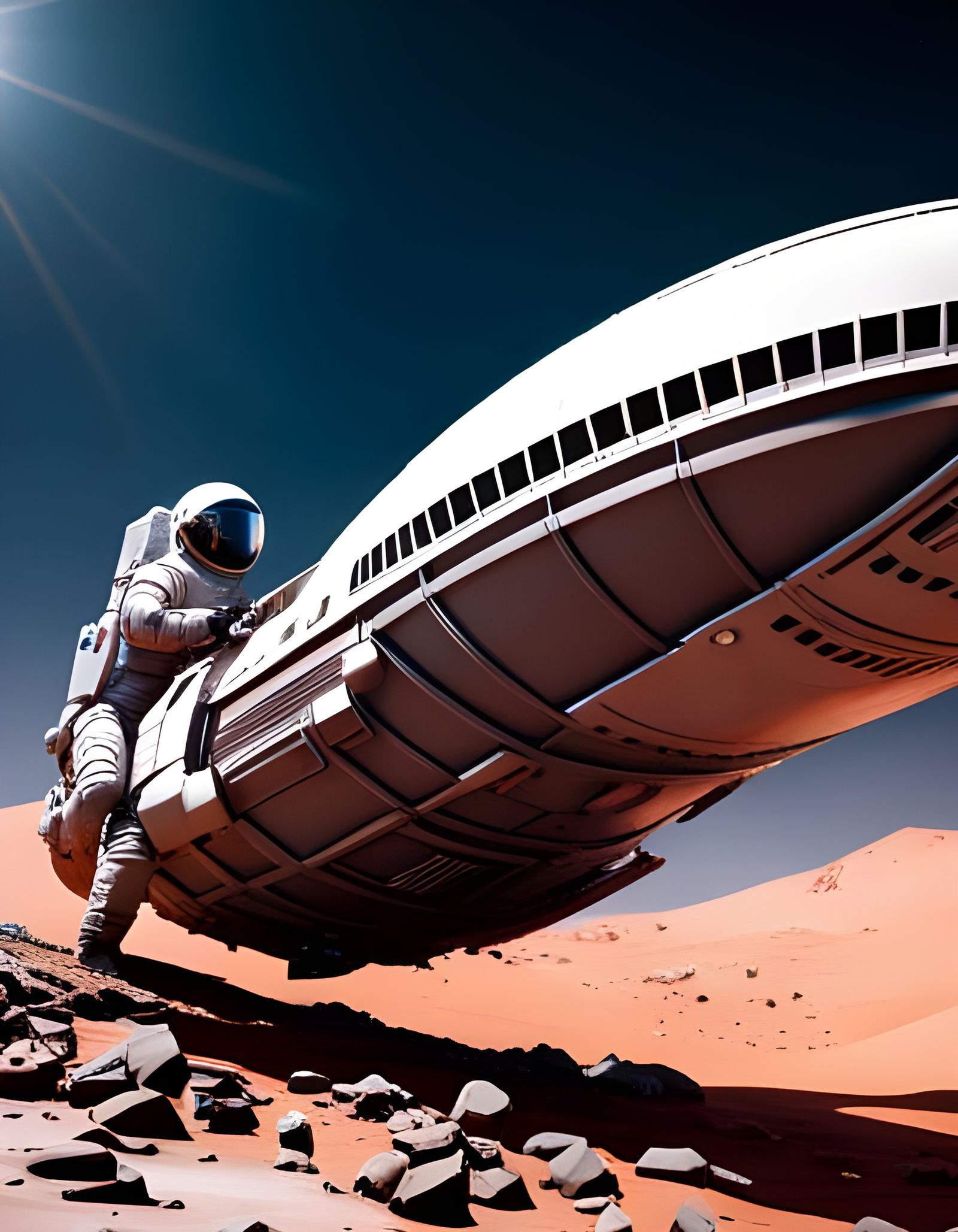 small science fiction spaceship landing on Mars near 3 humans in ...