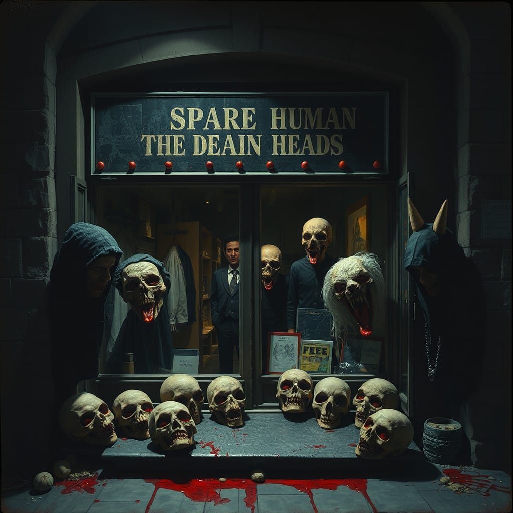 “STORE FRONT SELLING SPARE HUMAN HEADS"