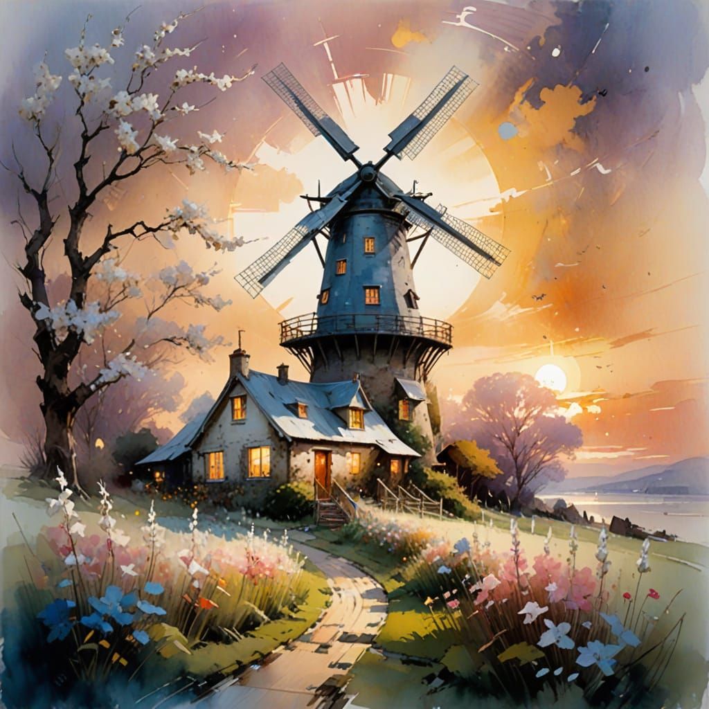 Dreamlike Whimsy in Watercolour: Windmill Amidst S... - AI Art