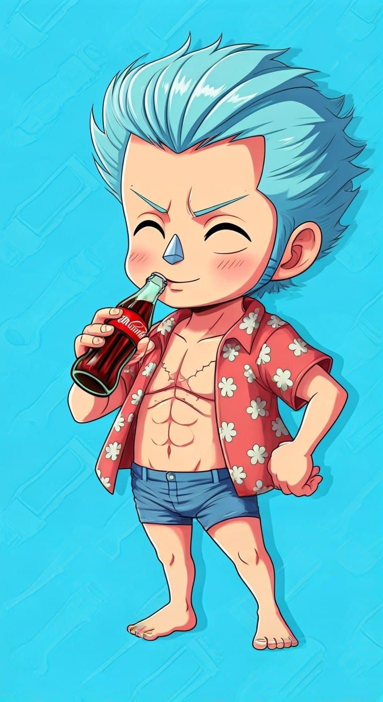 Franky Chibi Enjoying Coca-Cola in a Bright Blue W... - AI Art