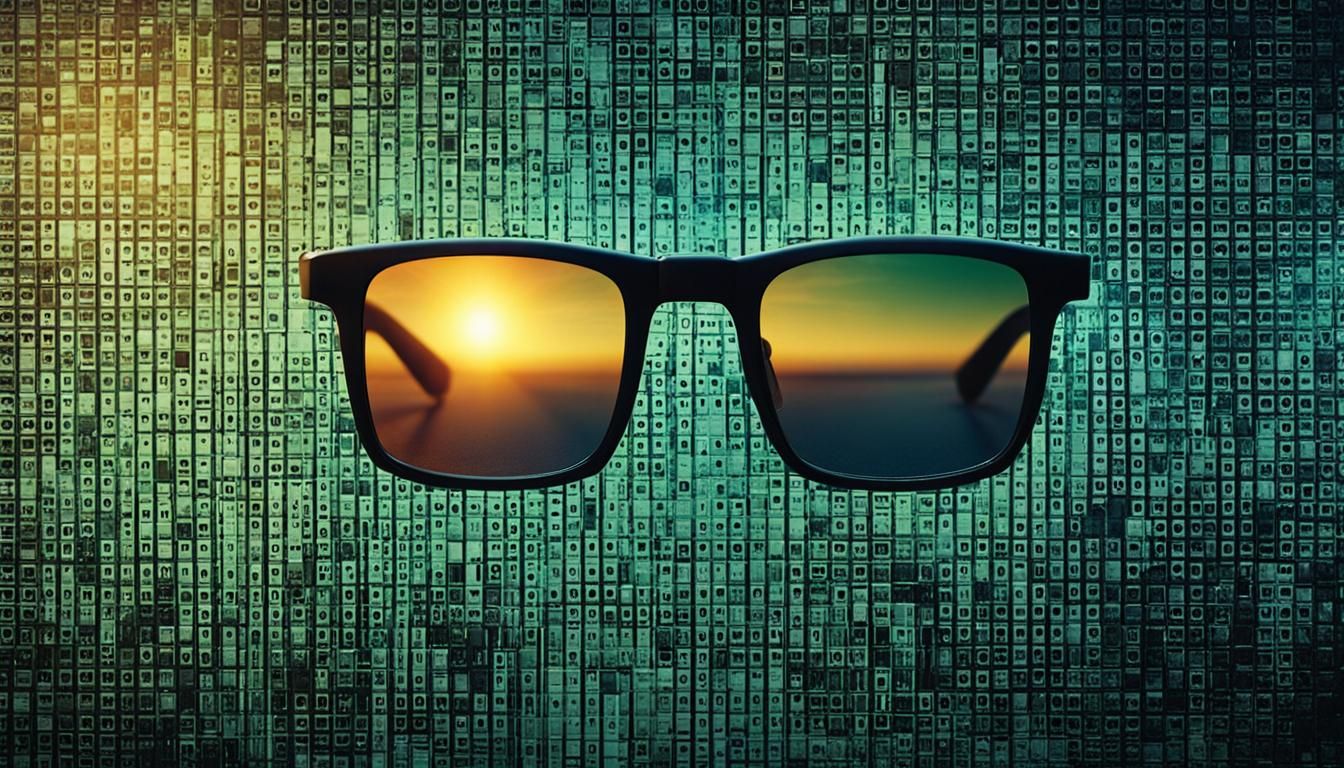 Closeup or sunglasses showing the real world through glasses, matrix of ...