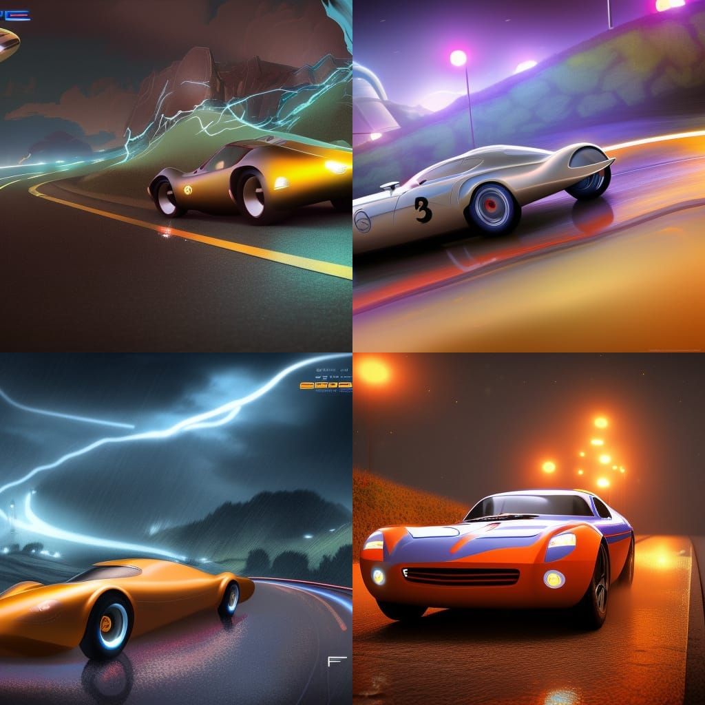 speed racer's Mach 5 car racing on a cliff road during a rainy night ...