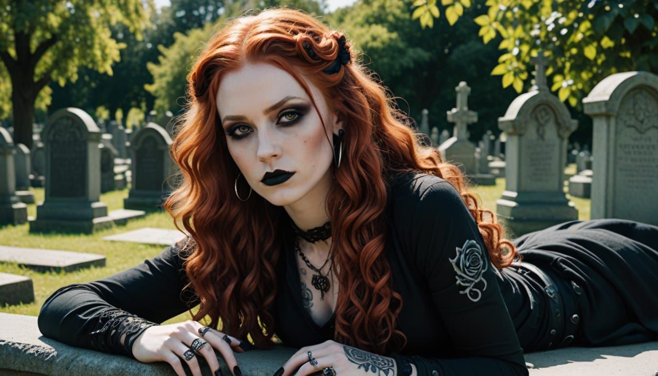 Goth Goddess Soaks Up Sunlight in Cemetery - AI Art