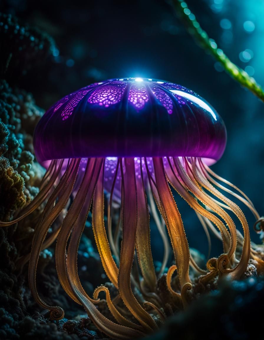 close-up of a hyperdetailed bioluminescent glowing molten iridescent ...