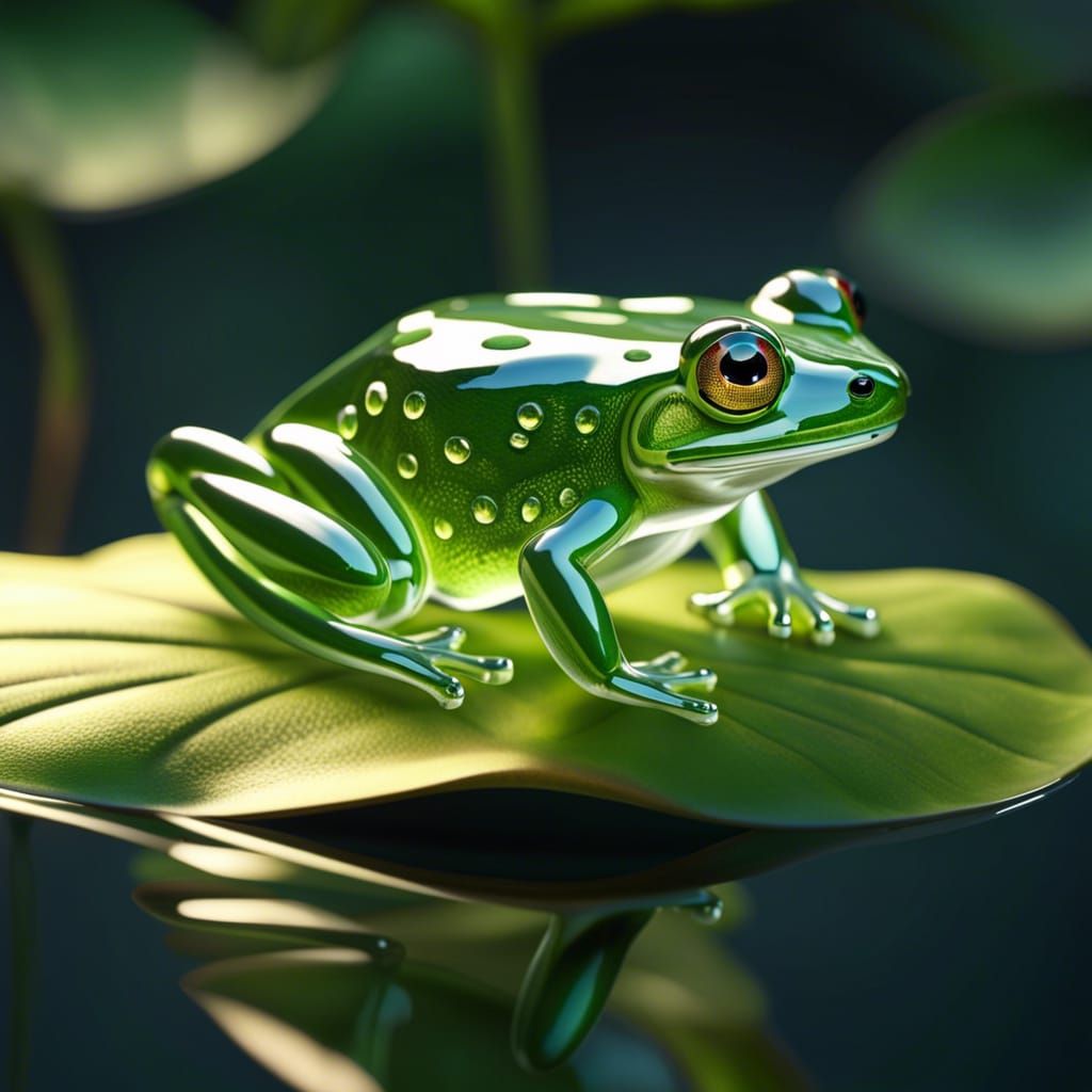 A shiny translucent glass frog perched on a lily pad, highly detailed ...
