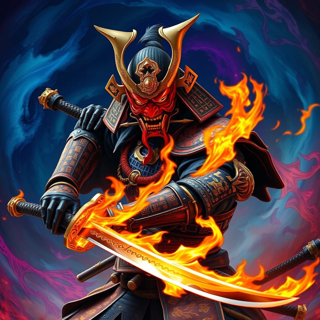 Samurai Warrior in Fiery Combat Stance - AI Art