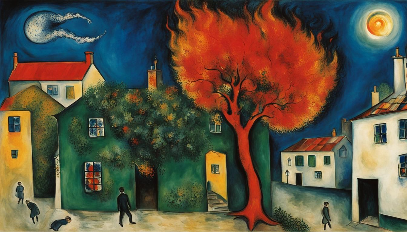 burning tree falling on a house. by chagall - AI Generated Artwork - NightCafe Creator