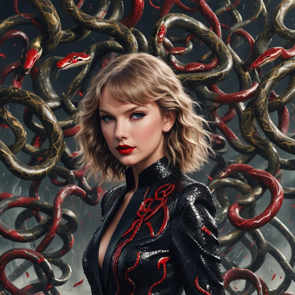 Make a picture of Taylor Swift with red lipstick, damp hair, wearing a ...