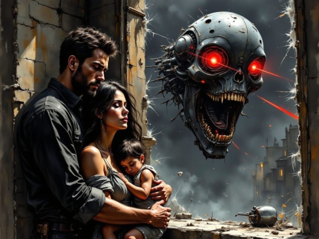 A family of three, the father with chiseled features and dark hair, the ...