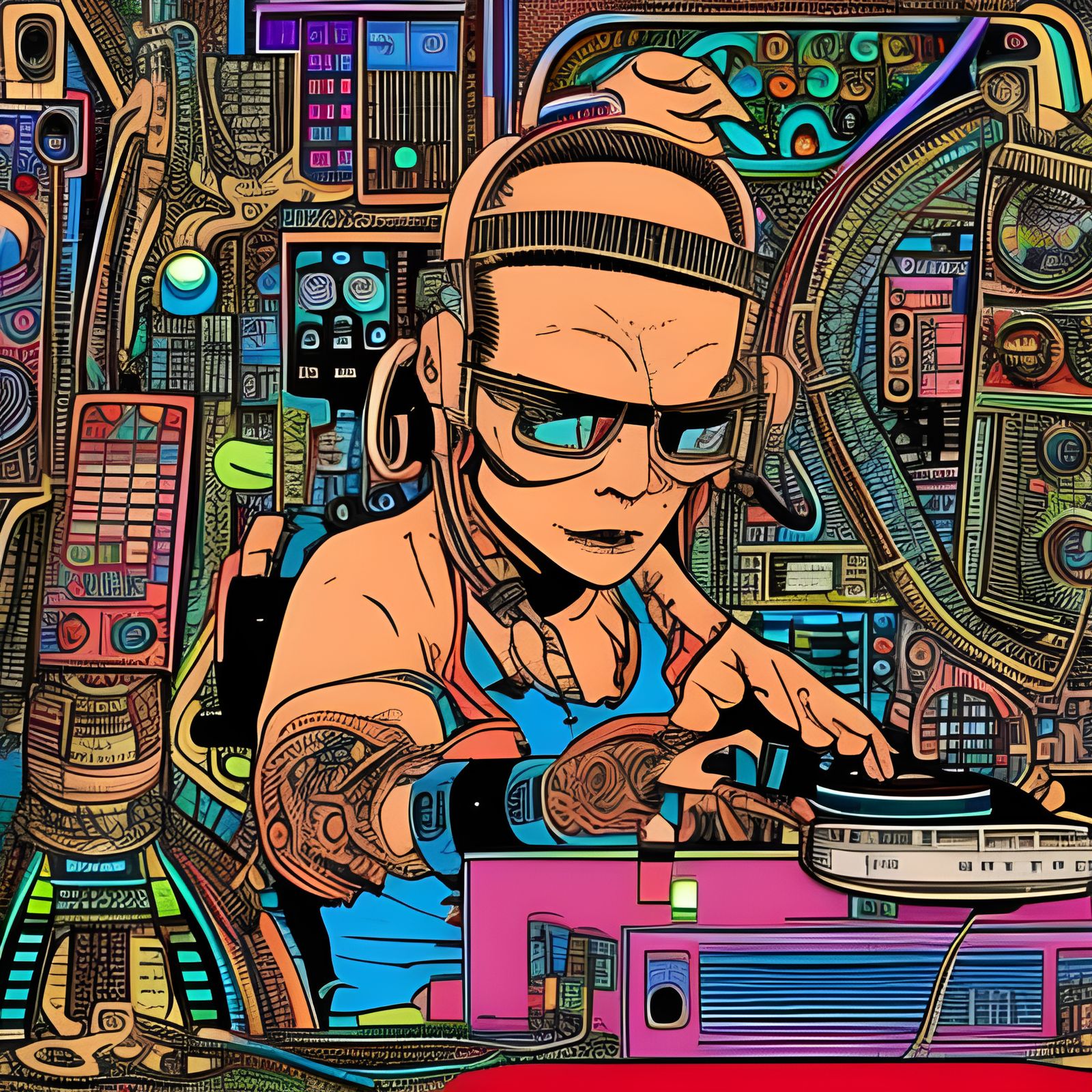 intricate detailed artwork of a futuristic dj at an underground ...