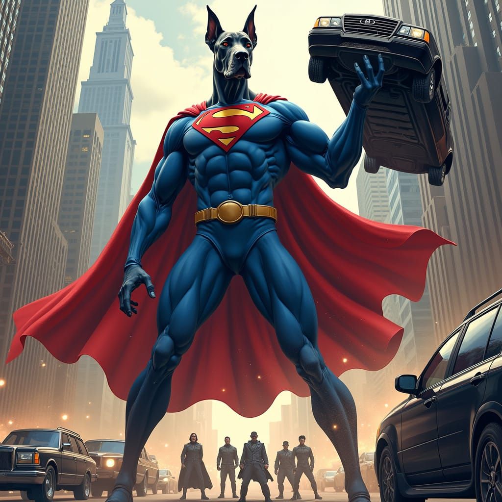 A majestic Great Dane, dressed in Superman's iconic blue suit with a ...